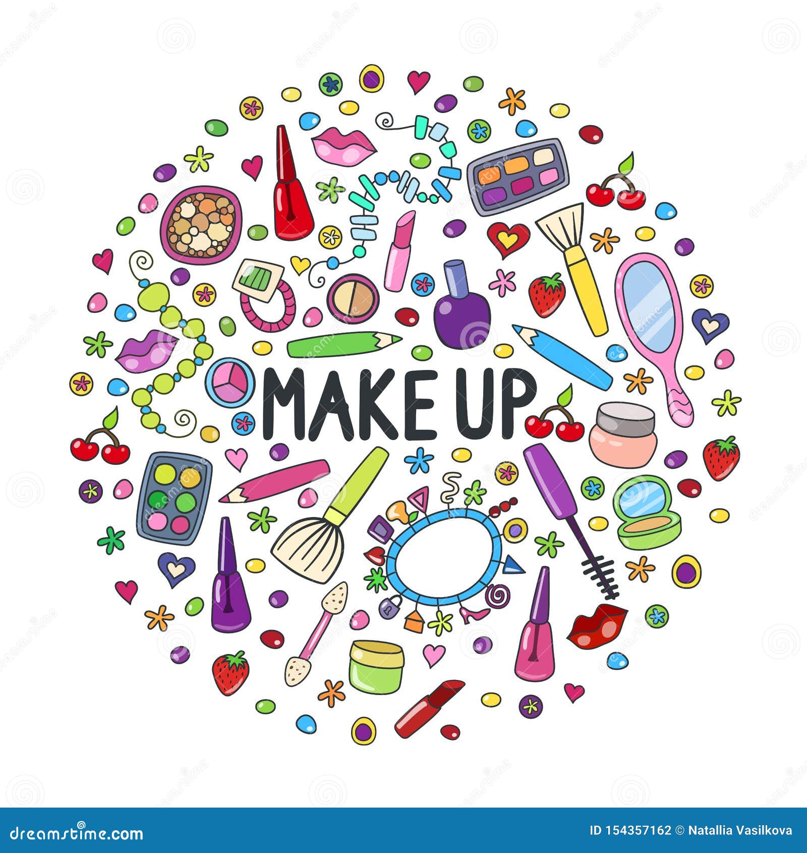 Illustration with Cosmetics Symbols. Cute Doodle Vector Make Up Art ...