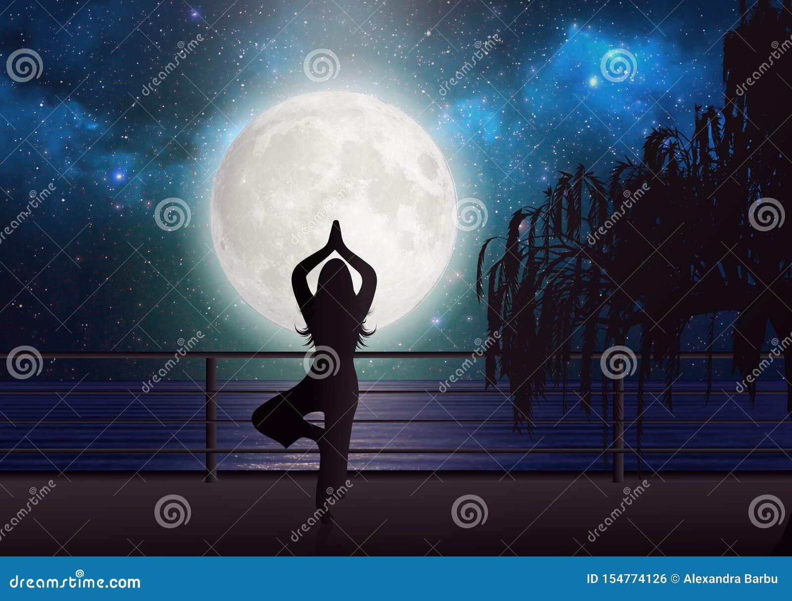 Meditation on a Bridge Watching the Midnight Sky with Stars and Full ...