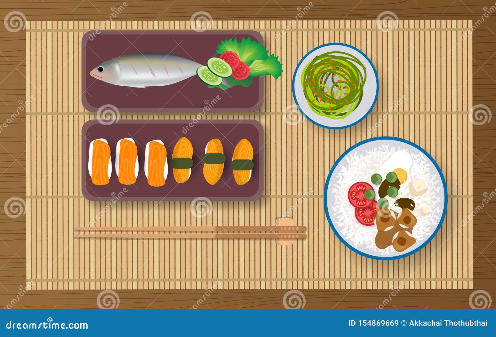 Food on the table stock vector. Illustration of sushi - 154869669