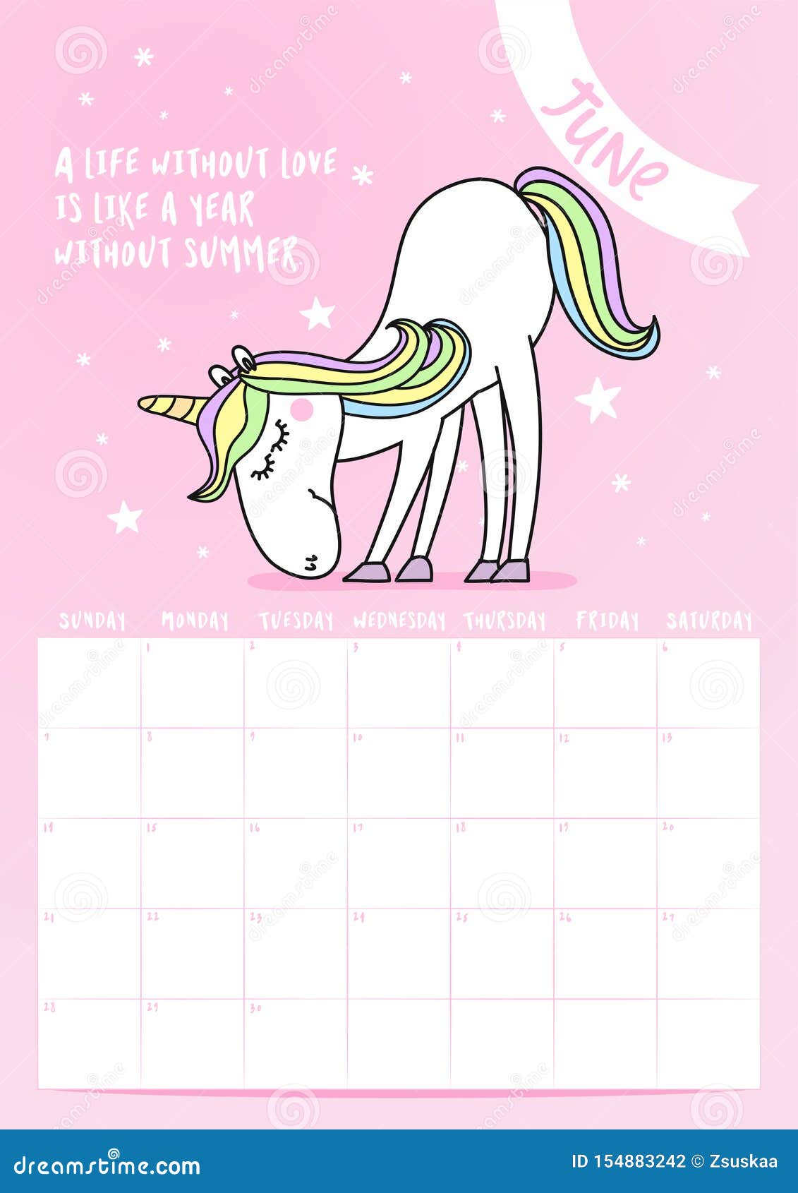 2020 June Calendar with Calligraphy Phrase and Unicorn Doodle Stock ...