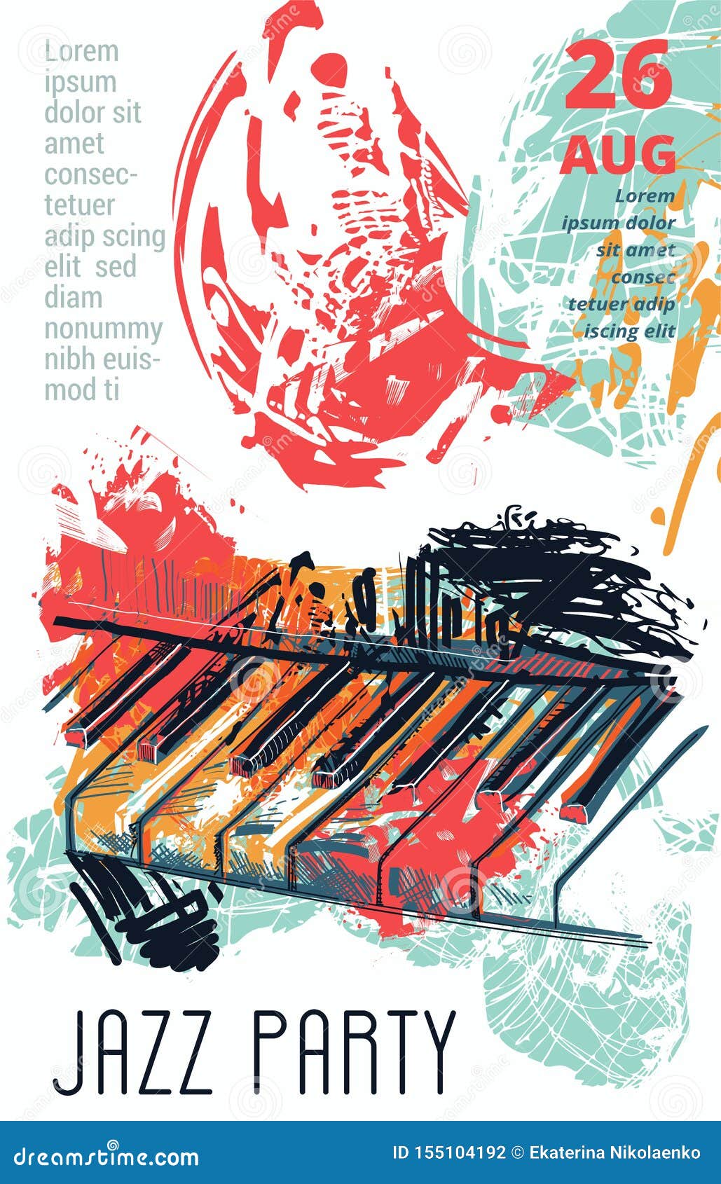 Jazz Music Party with Abstract Piano Keyboard in Grunge Watercolor ...