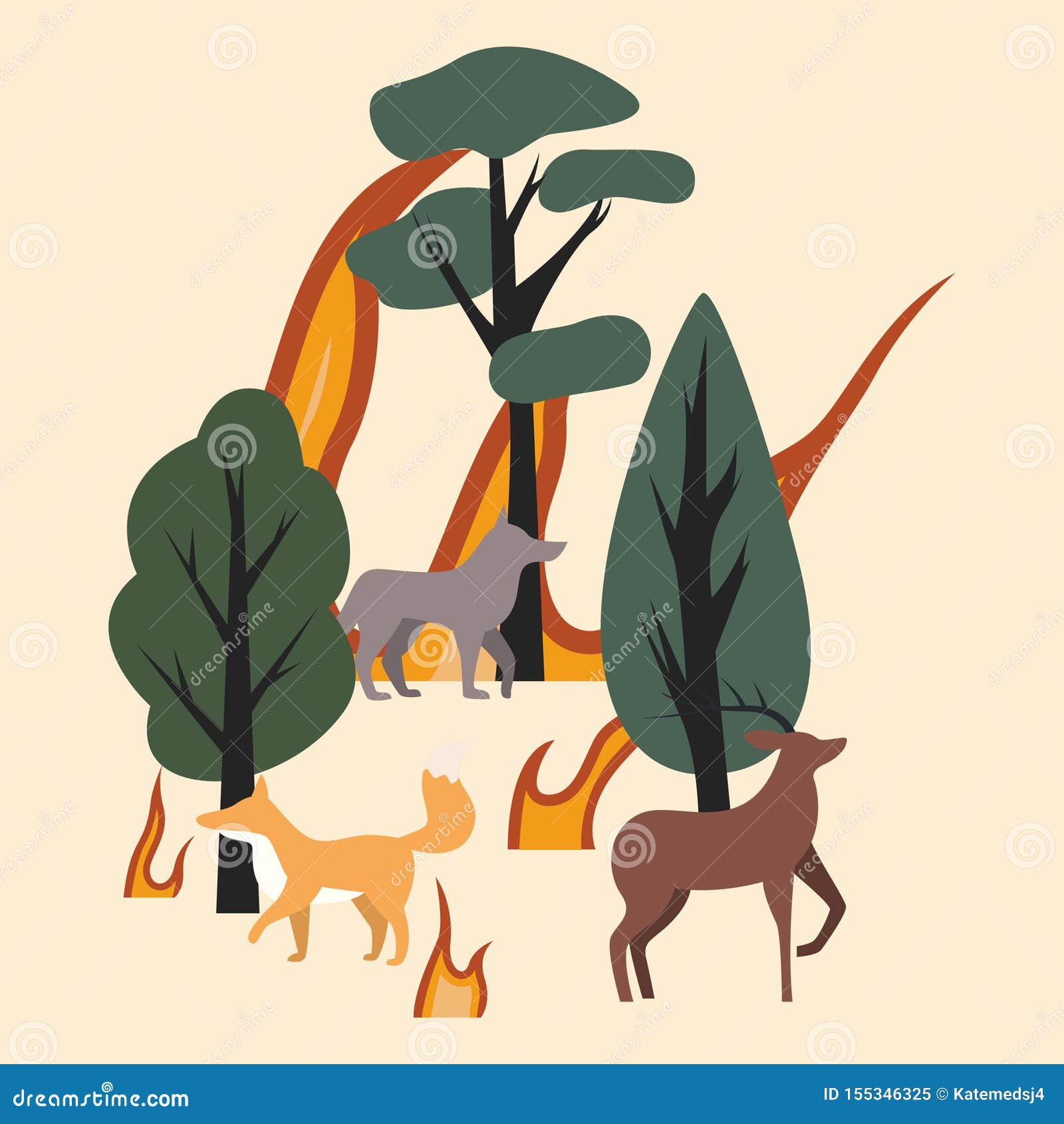 Trees, Animals and Flames. the Forest is on Fire. Burning Forest with ...