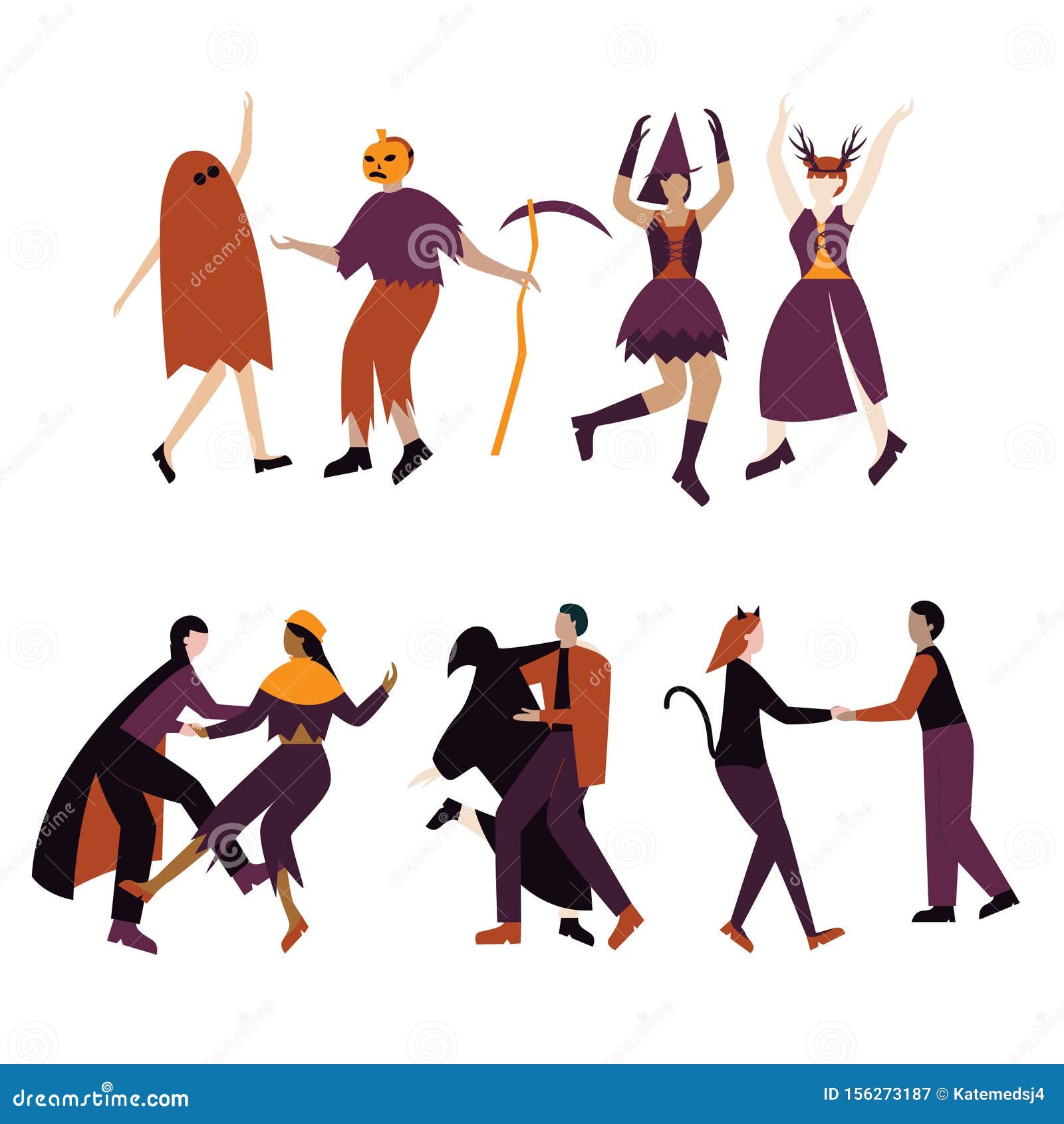 Couples of Cartoon Characters Having Fun Dancing at Halloween Party ...