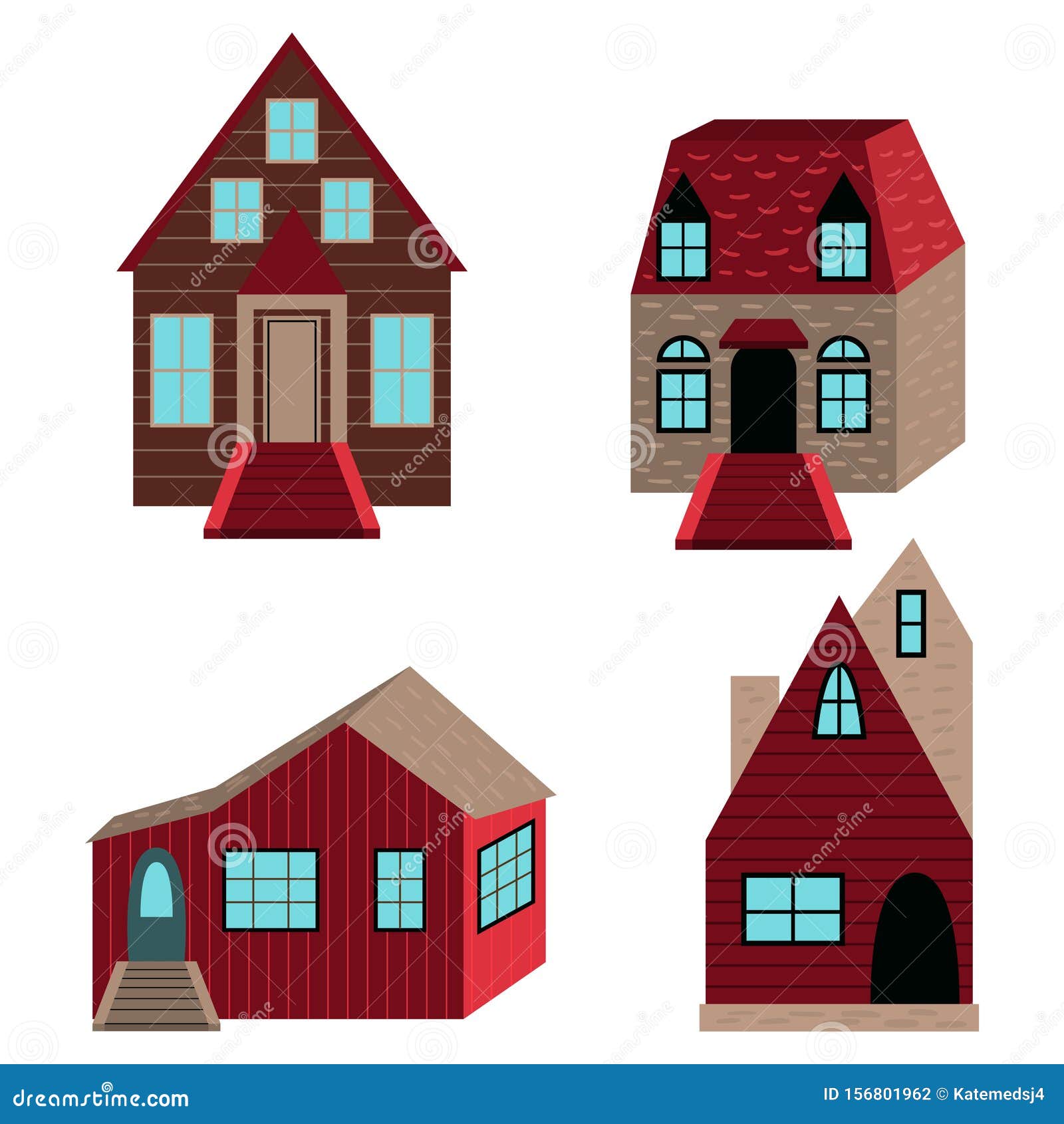 Set of Cute Cozy Houses. Red and Beige Houses. Flat Cartoon Vector ...