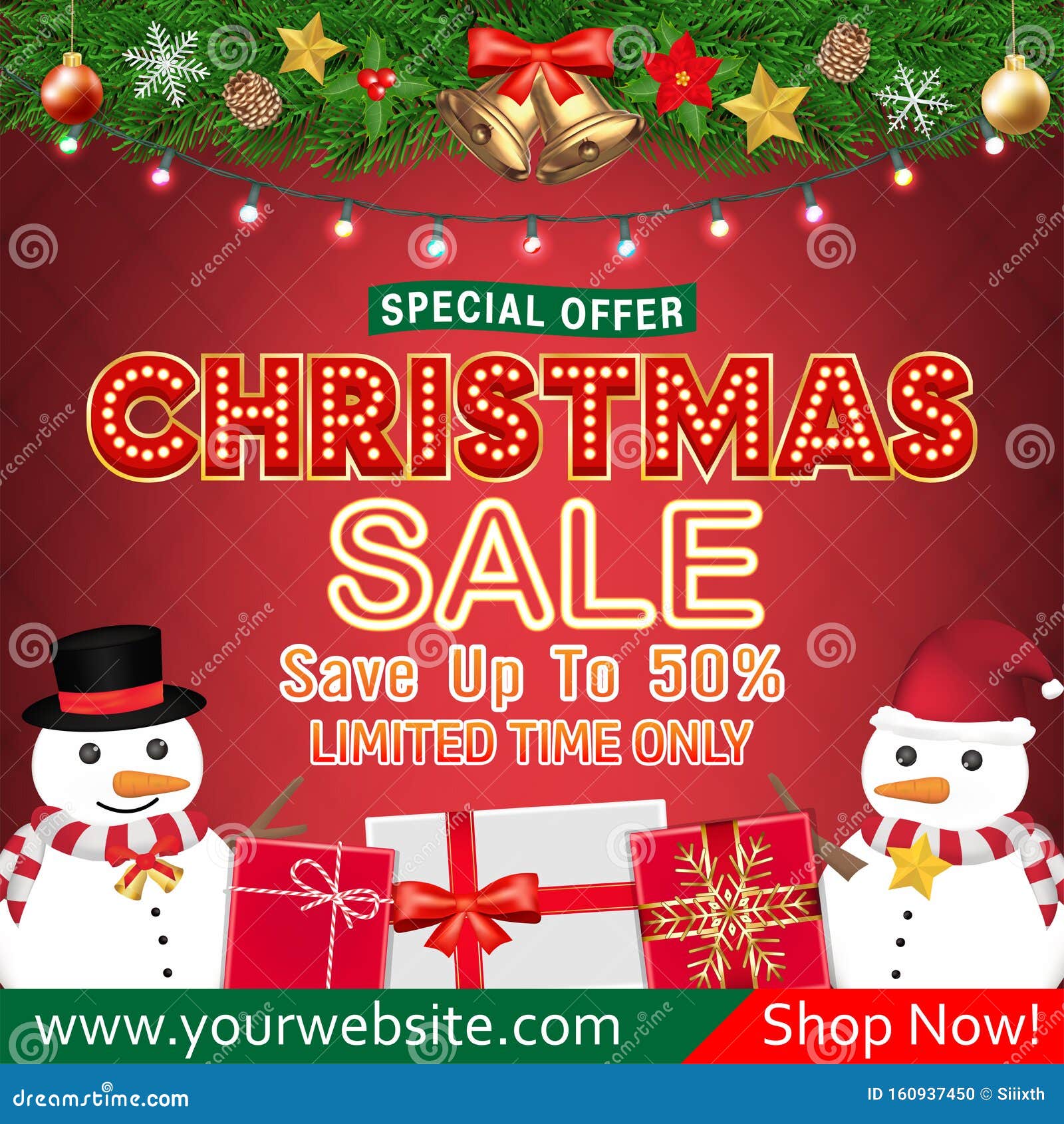 Christmas Sale Banner Design with Snowman Gift Box Stock Vector ...