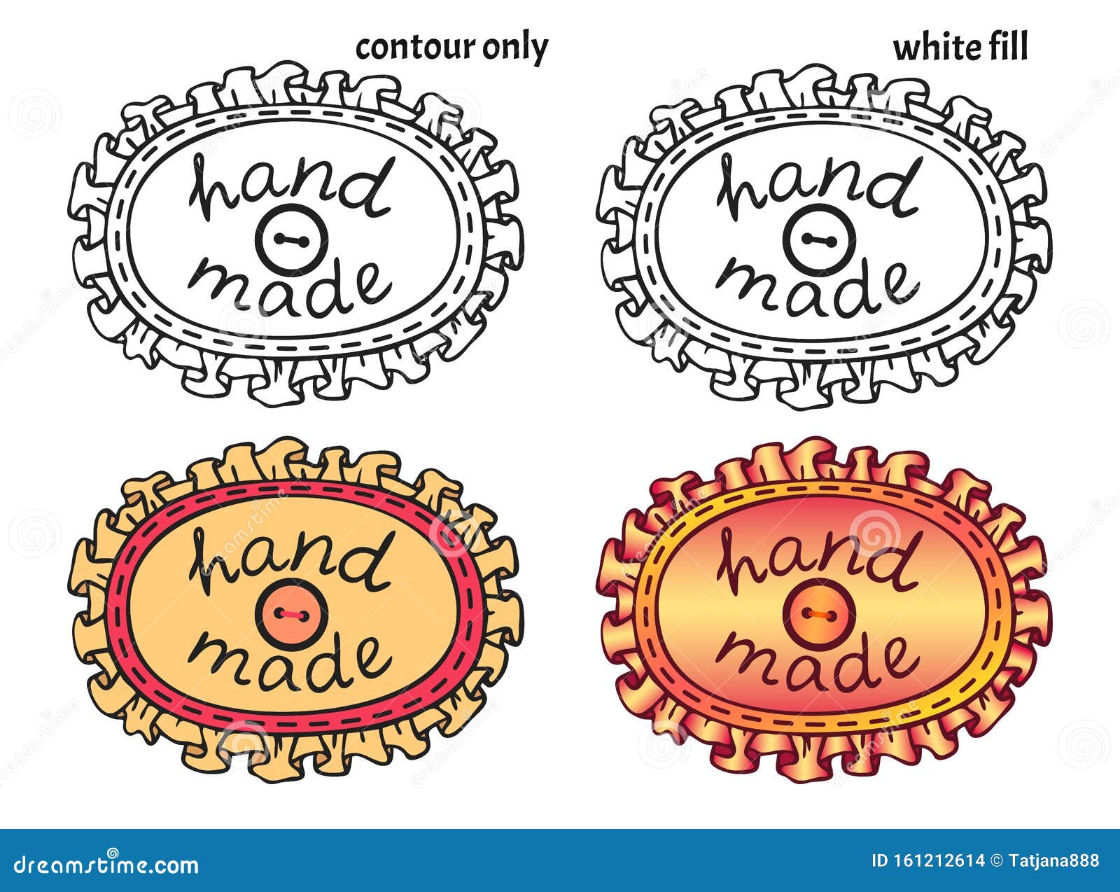 Set of Hand Drawn Oval Textile Patches with Frills, Seam, Button and ...