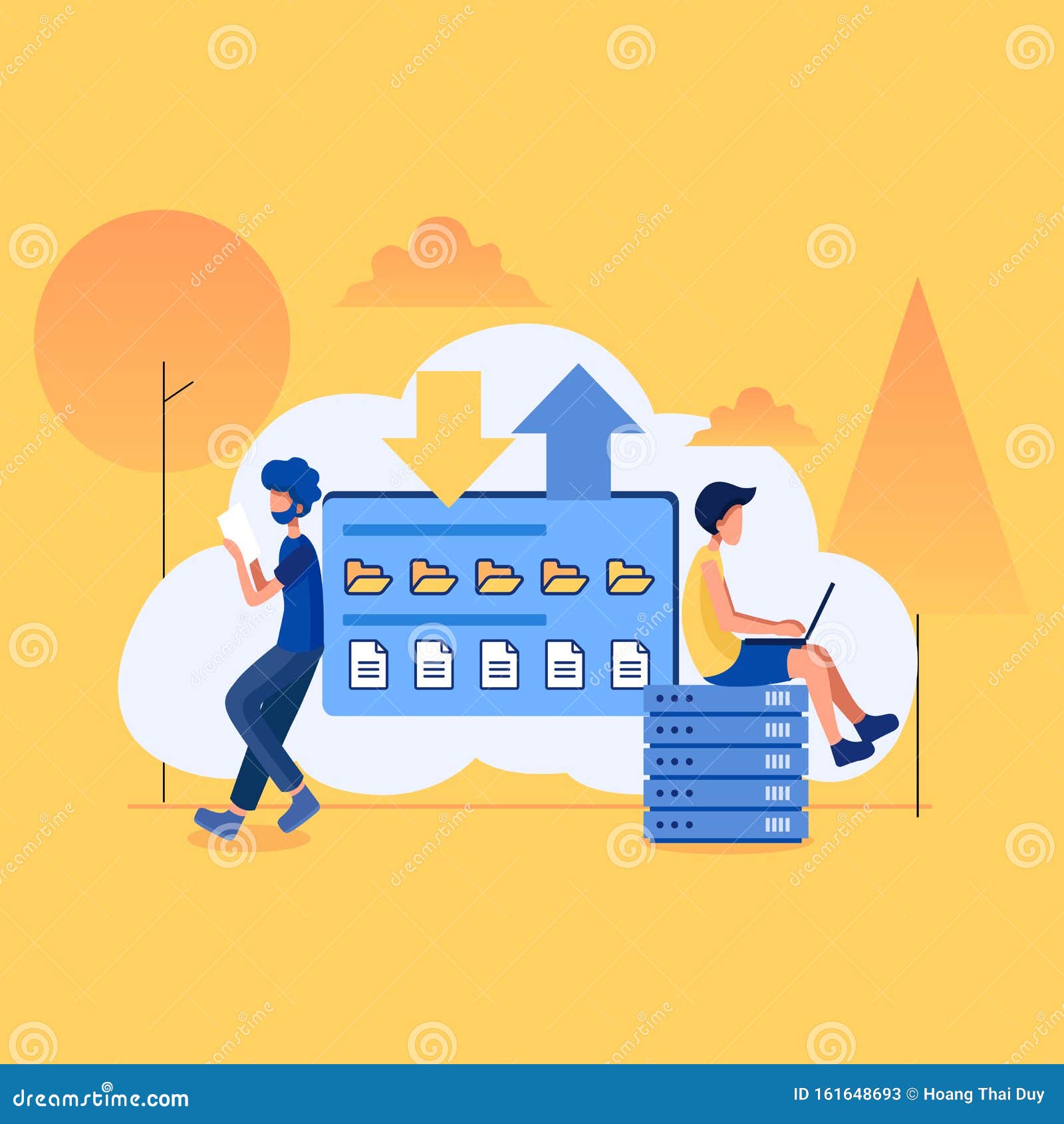 Vector Flat Illustration, Cartoon Style, Cloud Storage, Data Processing ...