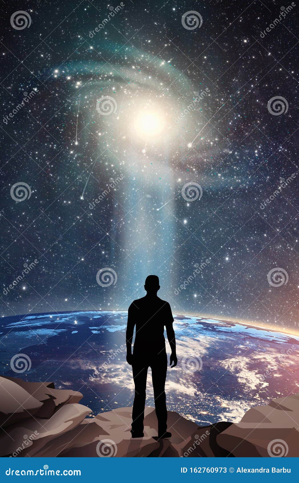 Man Looks Out at Earth from Space, Destiny, Nebula, Light Beam ...