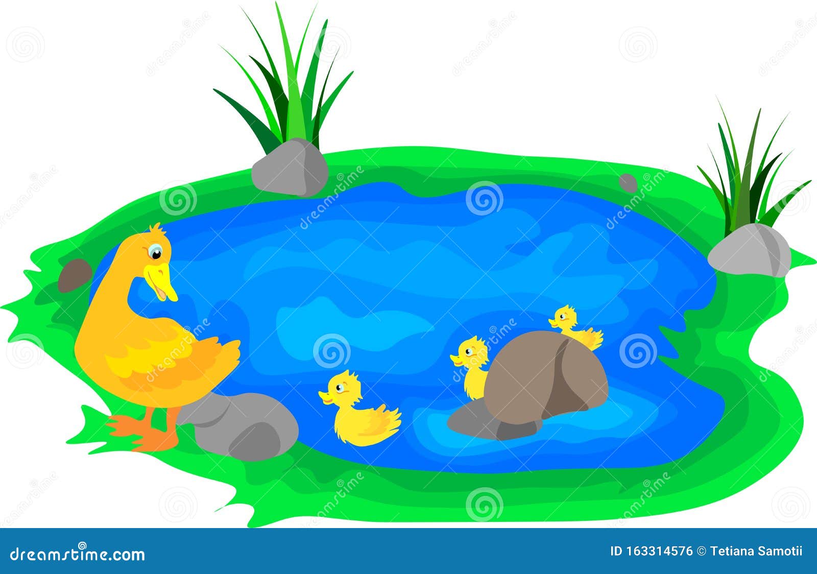 Duck And Ducklings Swimming In Pond. Cartoon Vector Illustration. Duck ...
