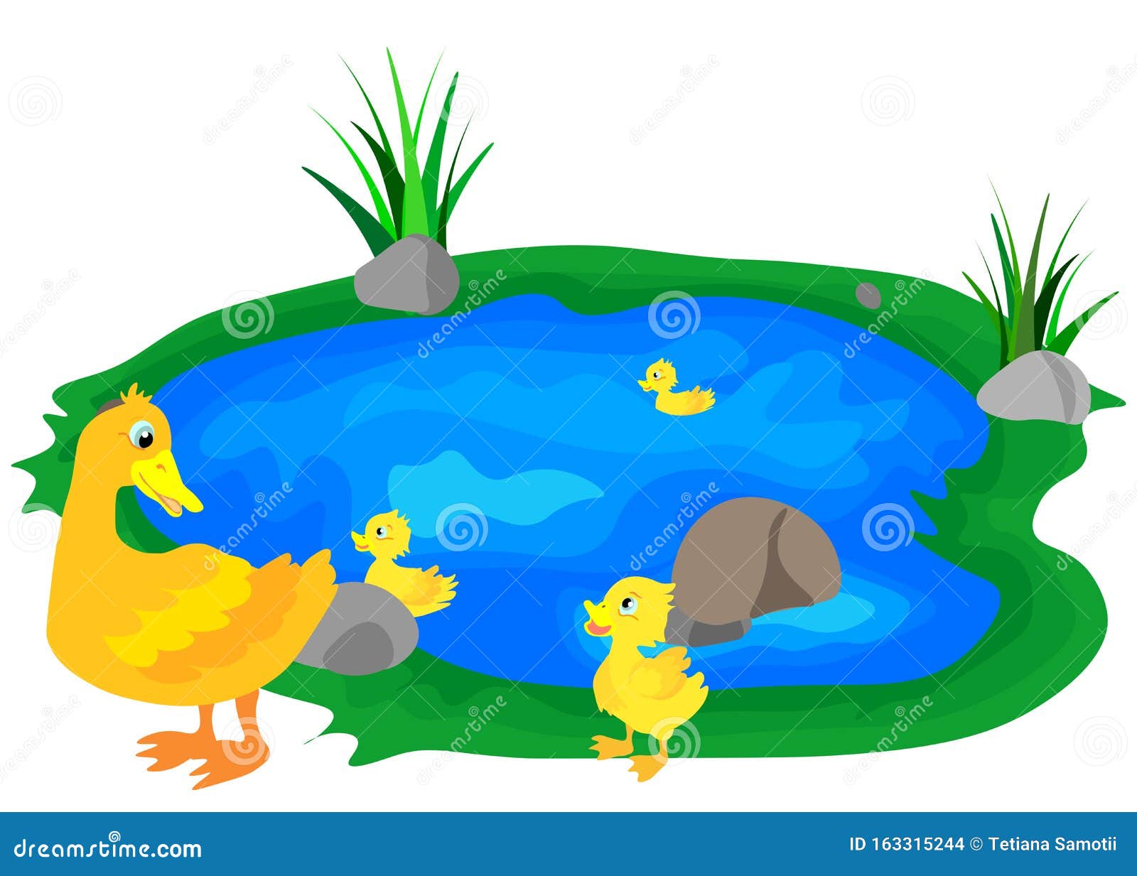 Duck And Ducklings Swimming In Pond. Cartoon Vector Illustration. Duck ...