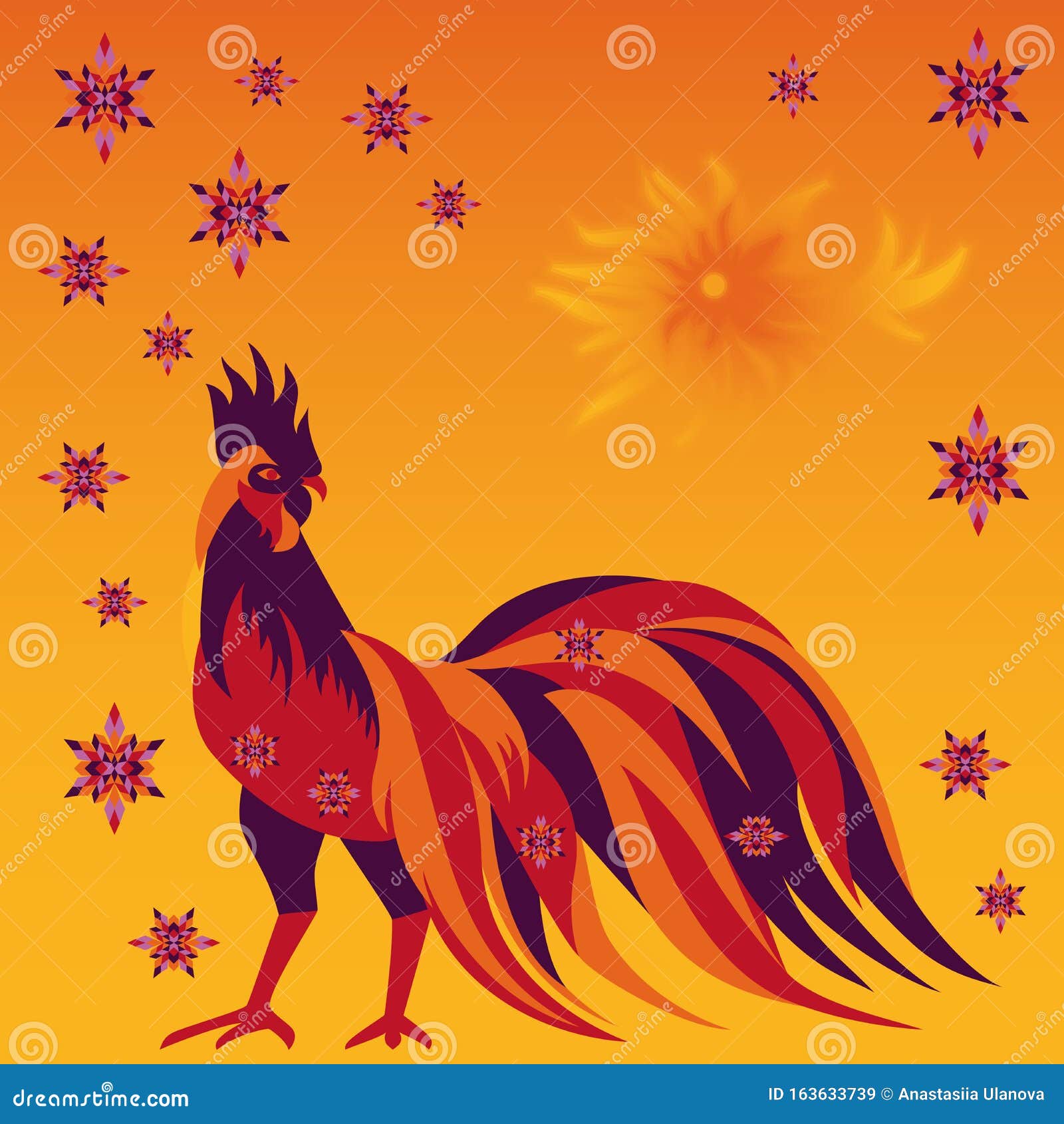 Rooster with Sun and Snowflakes Stock Vector - Illustration of isolated ...