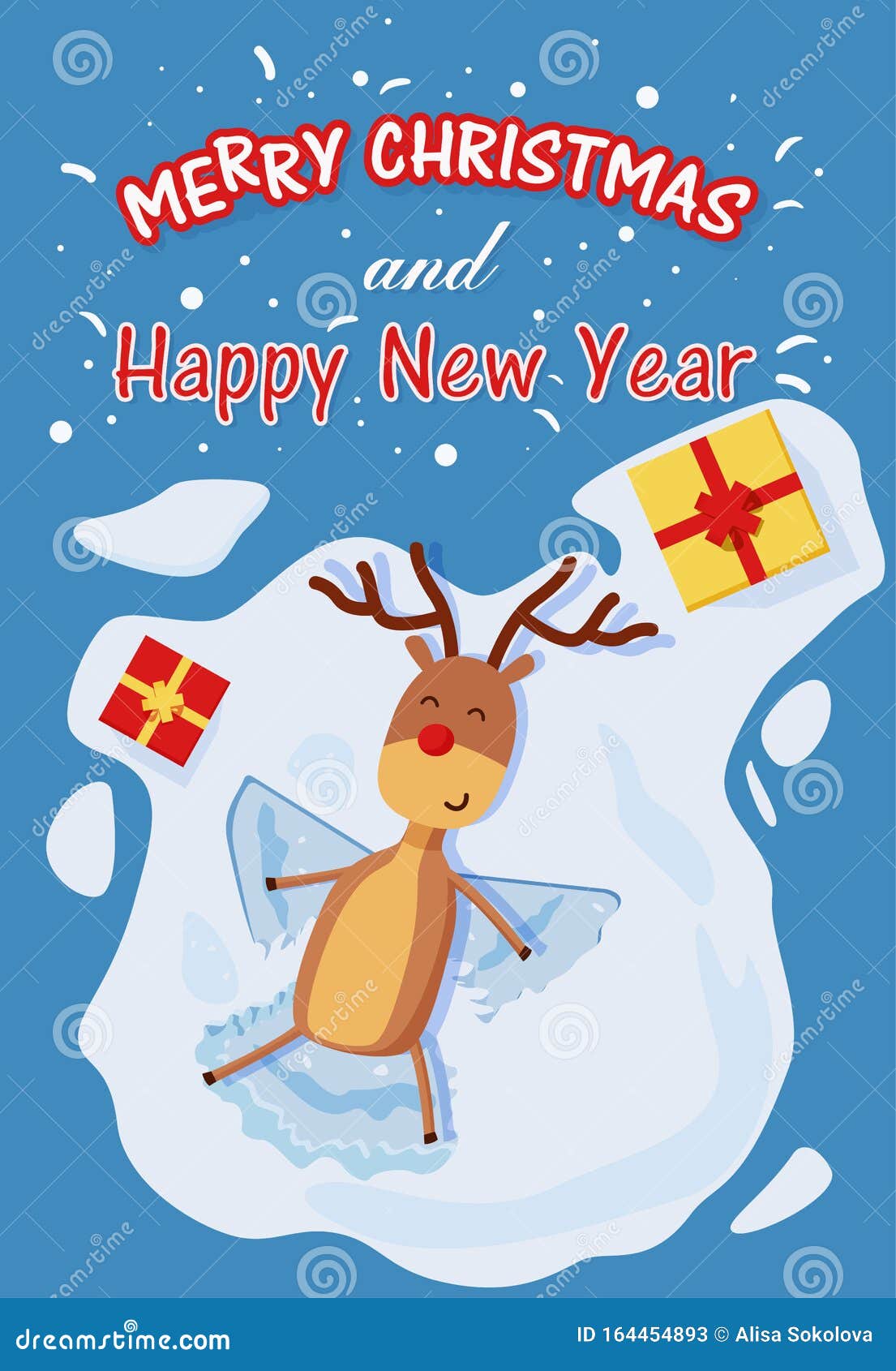 Merry Christmas Greeting Card Illustrating a Reindeer Making a Snow ...