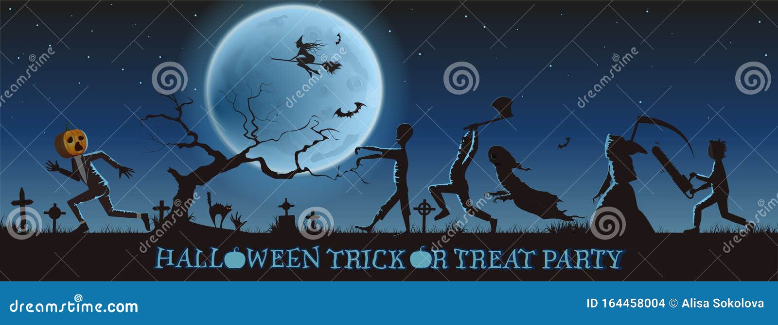 Halloween Spooky Trick or Treat Party Banner. Evil Monsters are Chasing ...