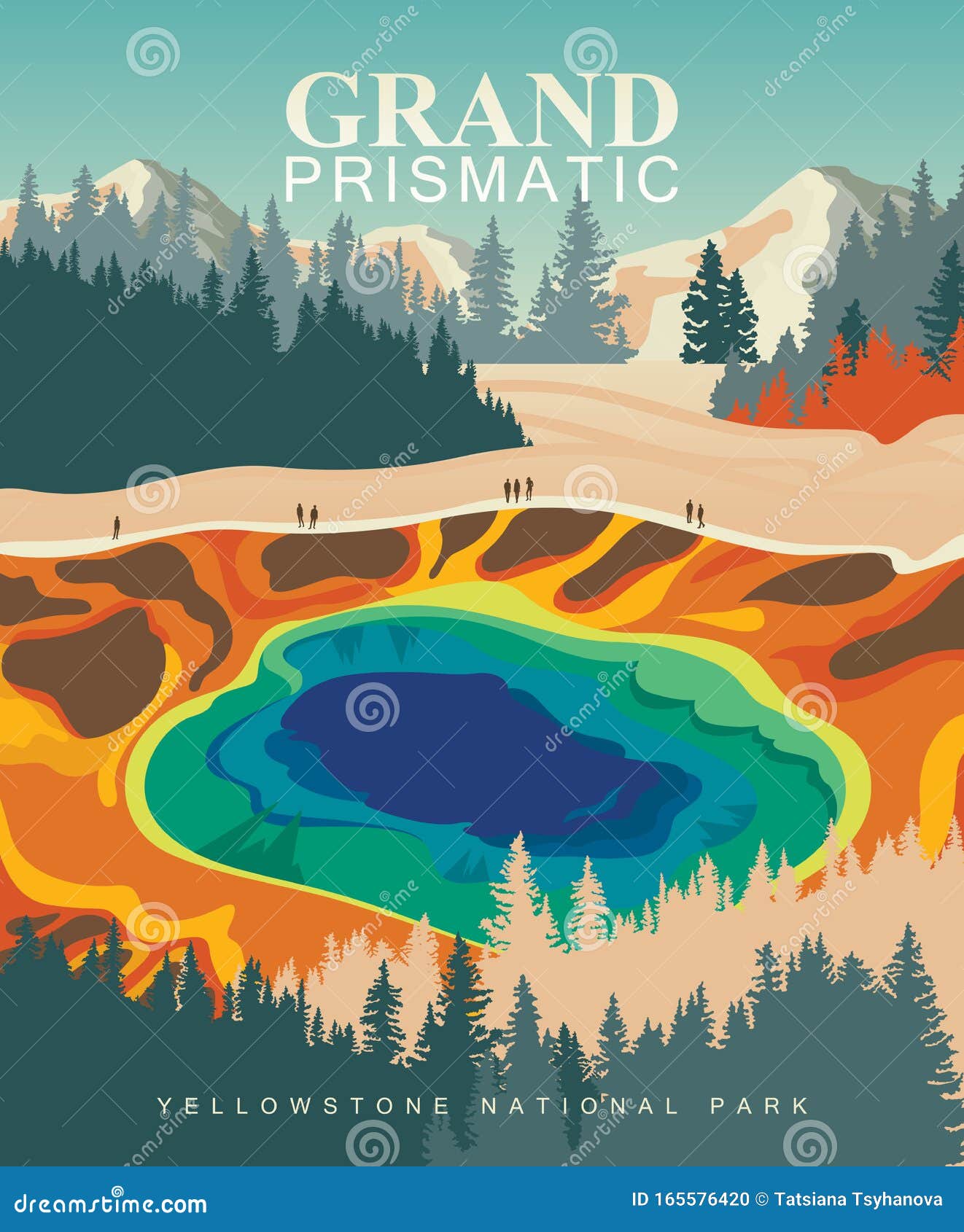 Grand Prismatic Spring on Vector Colorful Poster. Yellowstone National ...