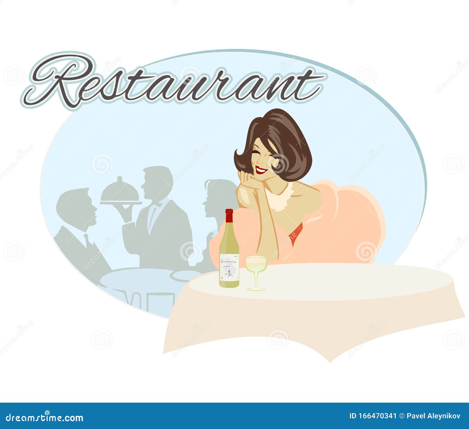 Restaurant Scene. Lady Sitting At A Restaurant Table With Wine. Flat ...