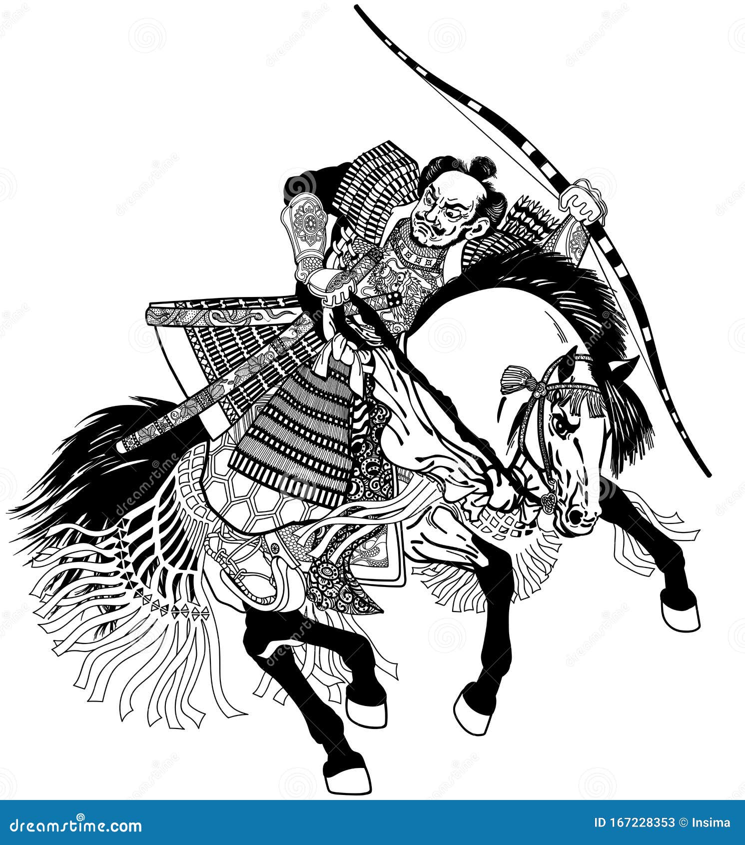 Samurai-archer With Bow. Figure On Sunset Background Vector ...