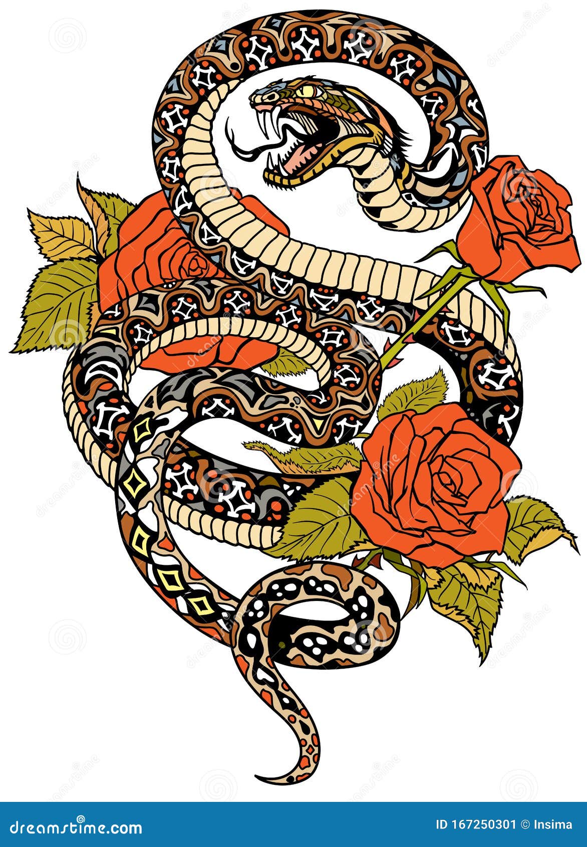 Snake and roses tattoo stock vector. Illustration of design - 167250301