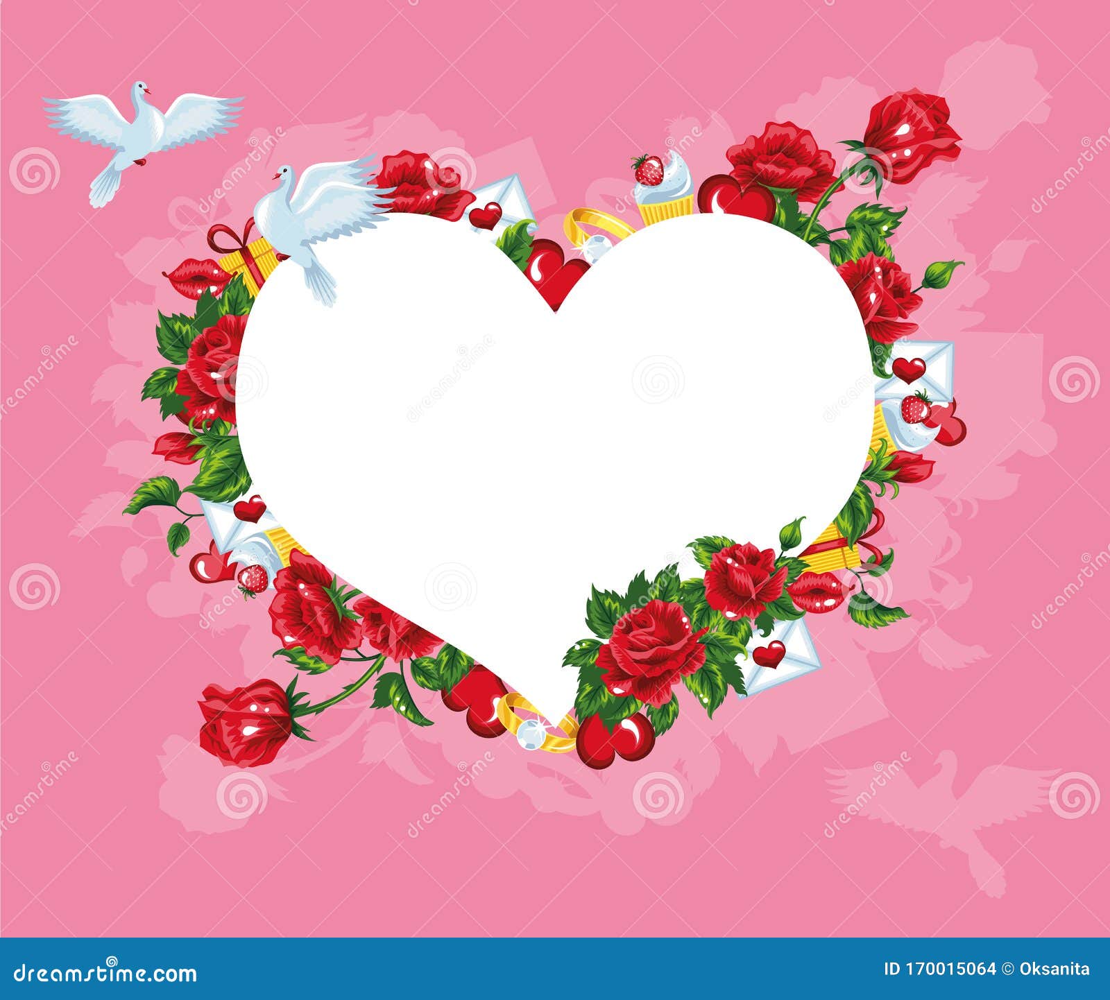 Banner in a Shape of Heart with Red Roses and Valentine`s Day Icons ...