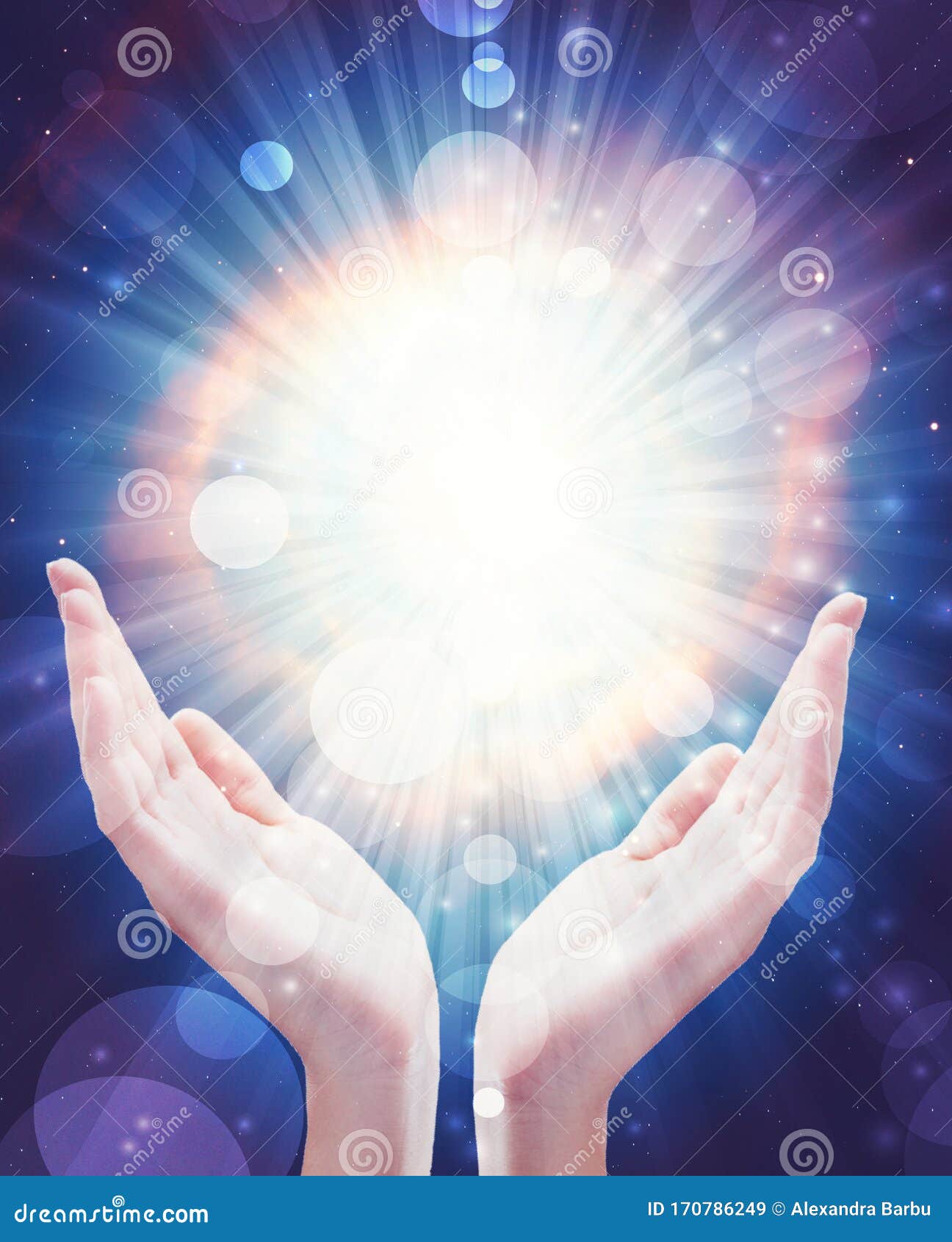 Hands with Spark of Hope, the Light of Faith, Nebula Background Stock ...