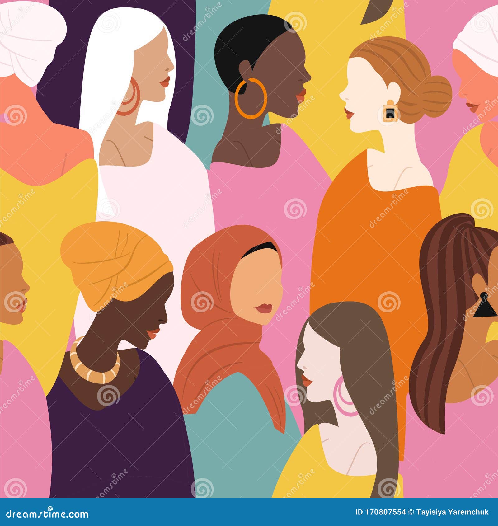 International Women`s Day. Vector Seamless Pattern with Women of ...