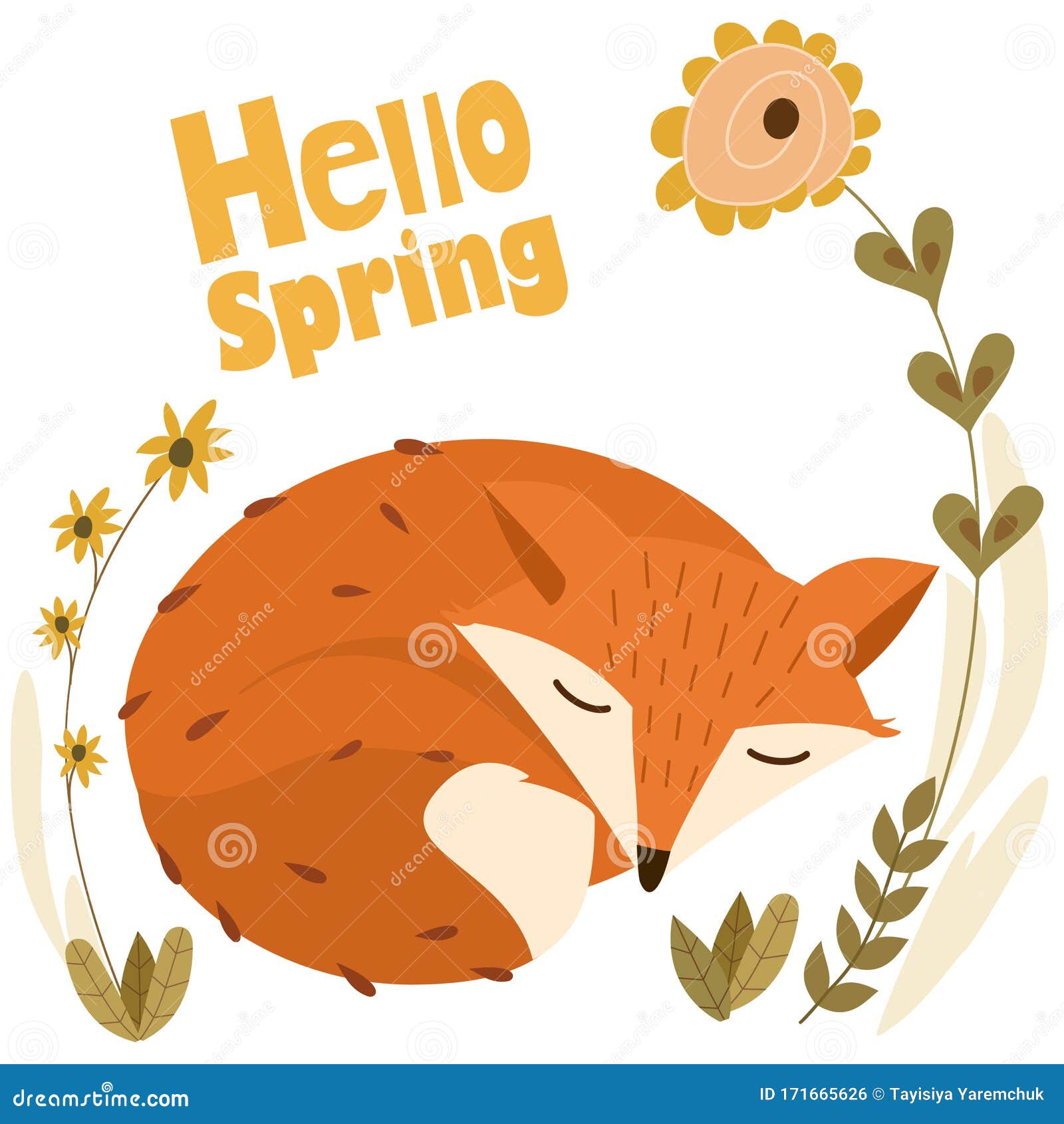 Spring Vector Illustration with Fox and Flowers. Beautiful Template for ...