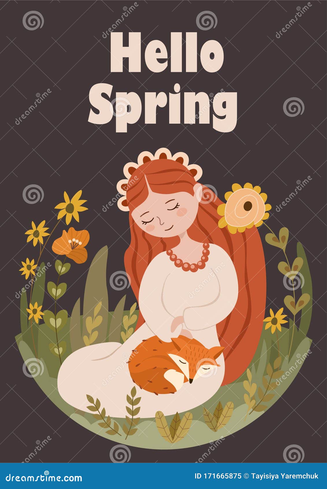 Spring Illustration with Flowers, Girl and Fox. Beautiful Template for ...