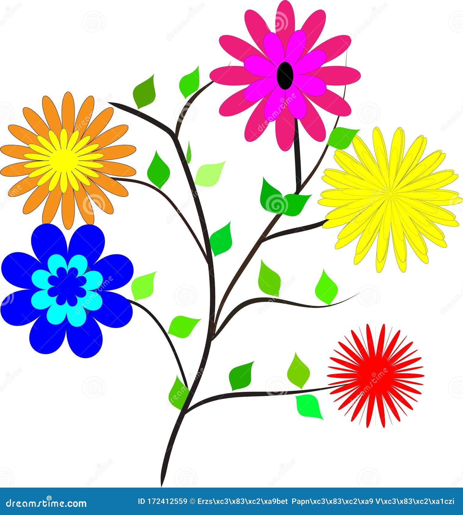 Flowering Wood with Flowers of Five Different Colors and Shapes. Stock ...