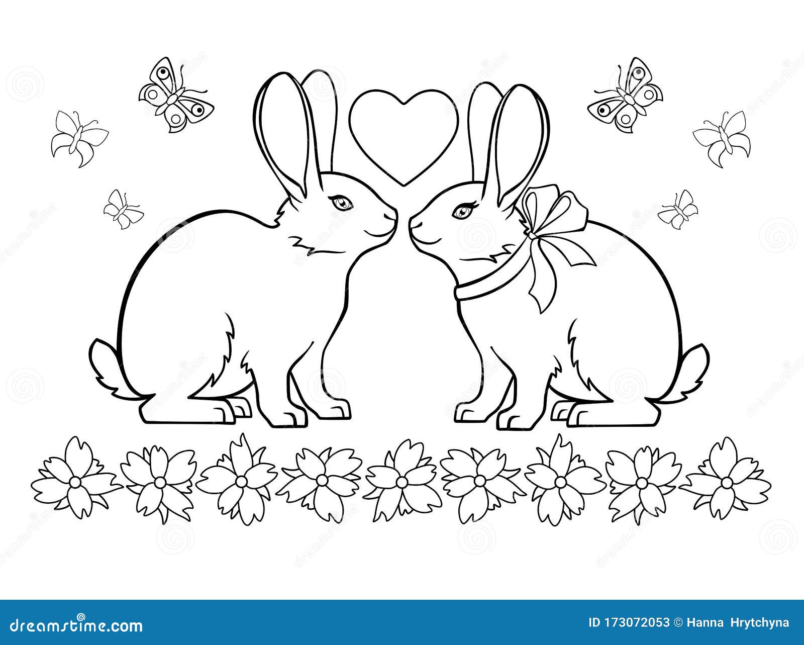 A Pair of Loving Rabbits Surrounded by Flowers and Butterflies - Vector ...