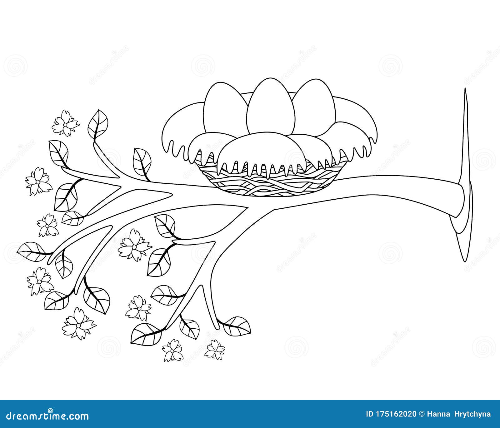 Nest with Three Eggs on a Flowering Tree - Vector Spring Linear Picture ...