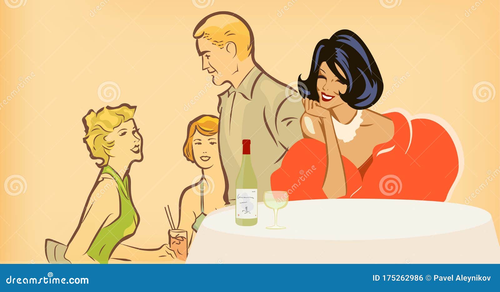 Restaurant Scene. Lady Sitting At A Restaurant Table With Wine. Flat ...