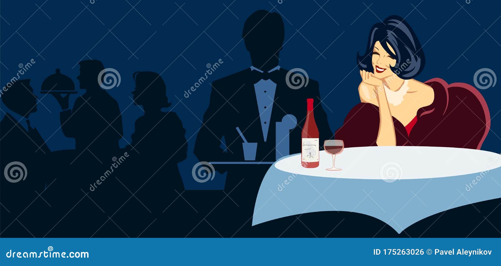 Restaurant Scene. Lady Sitting At A Restaurant Table With Wine. Flat ...