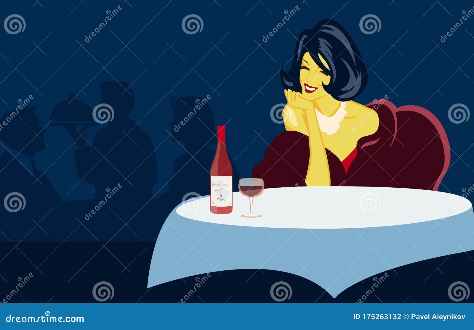 Restaurant Scene. Lady Sitting At A Restaurant Table With Wine. Flat ...