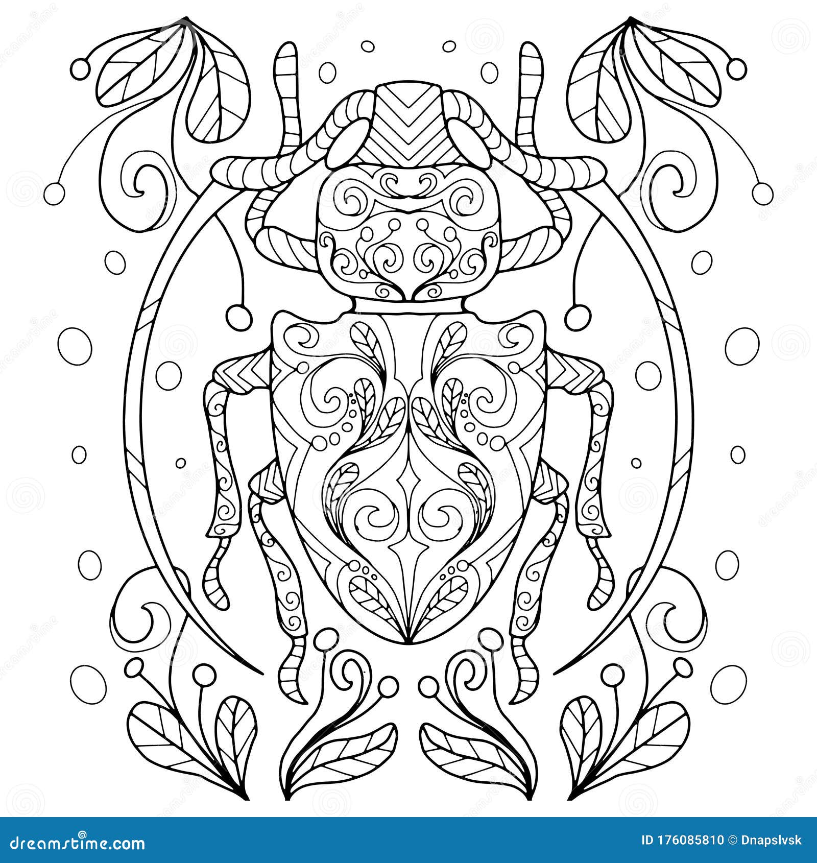 Insect and Hand Drawn Leaves and Flowers with Ornaments and Circles on ...