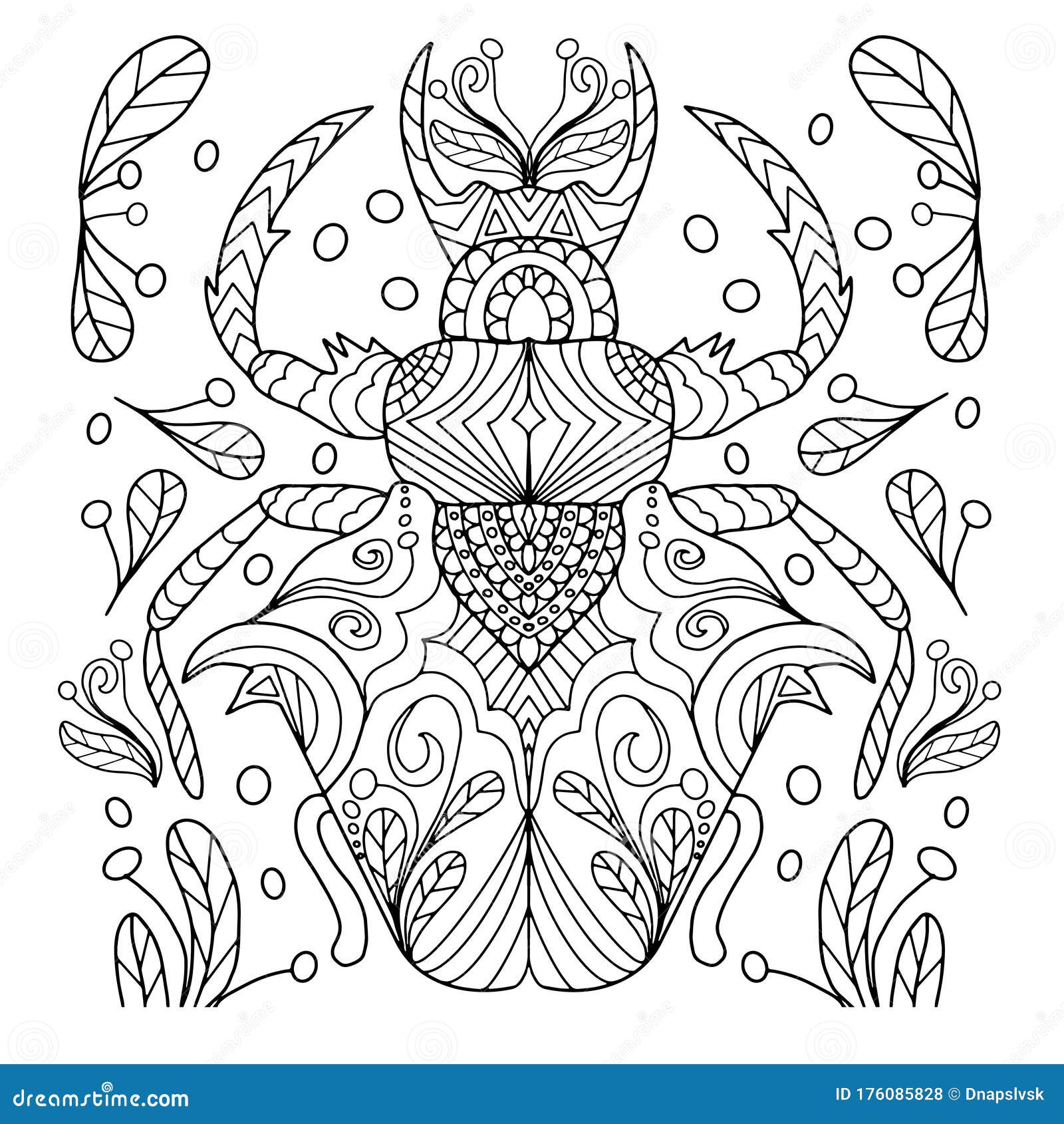 Insect with Hand Drawn Ornaments with Leaves and Circles on a White ...