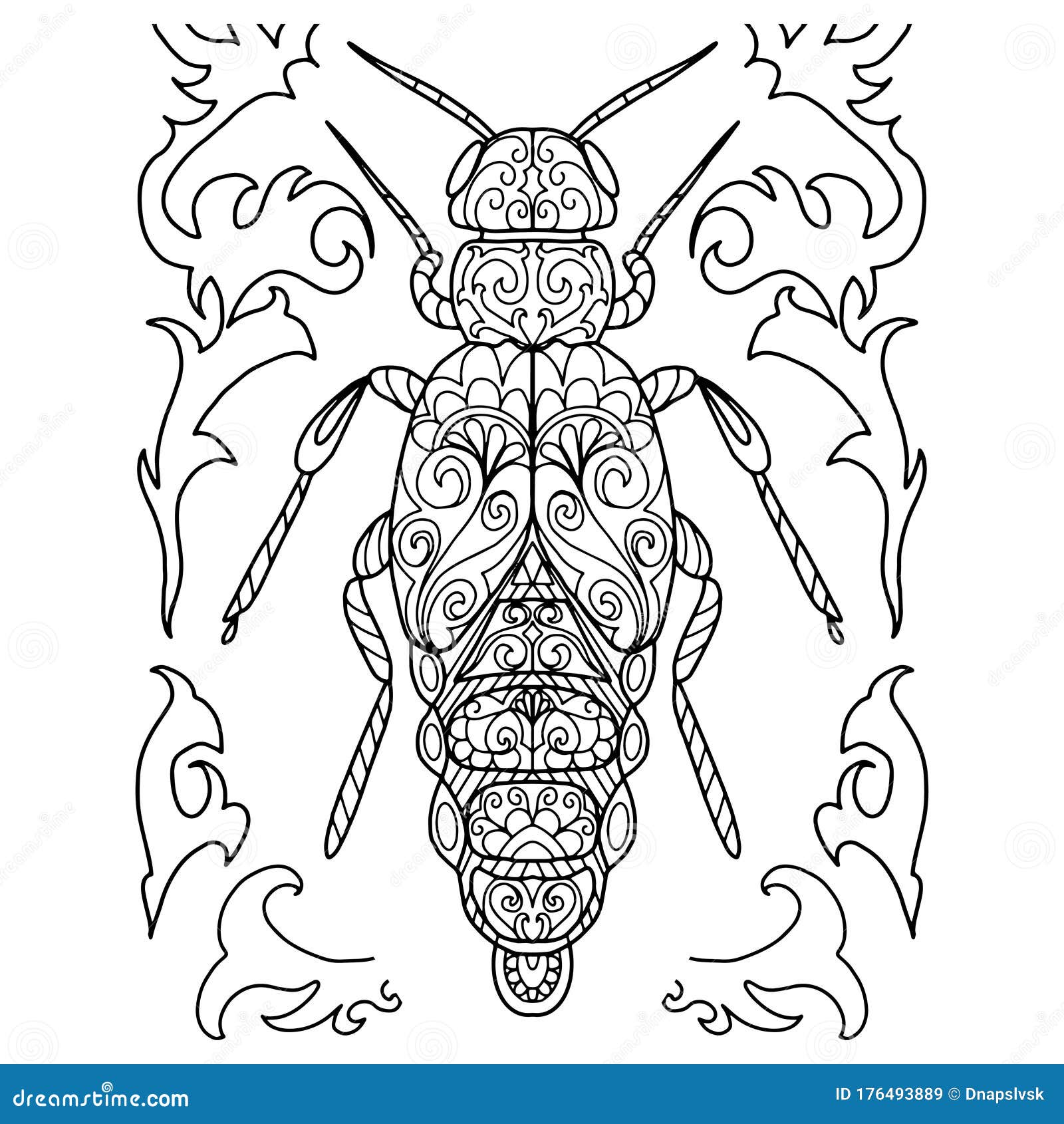 Abstract Insects with Floral Ornaments for Coloring Hand Drawn on a ...