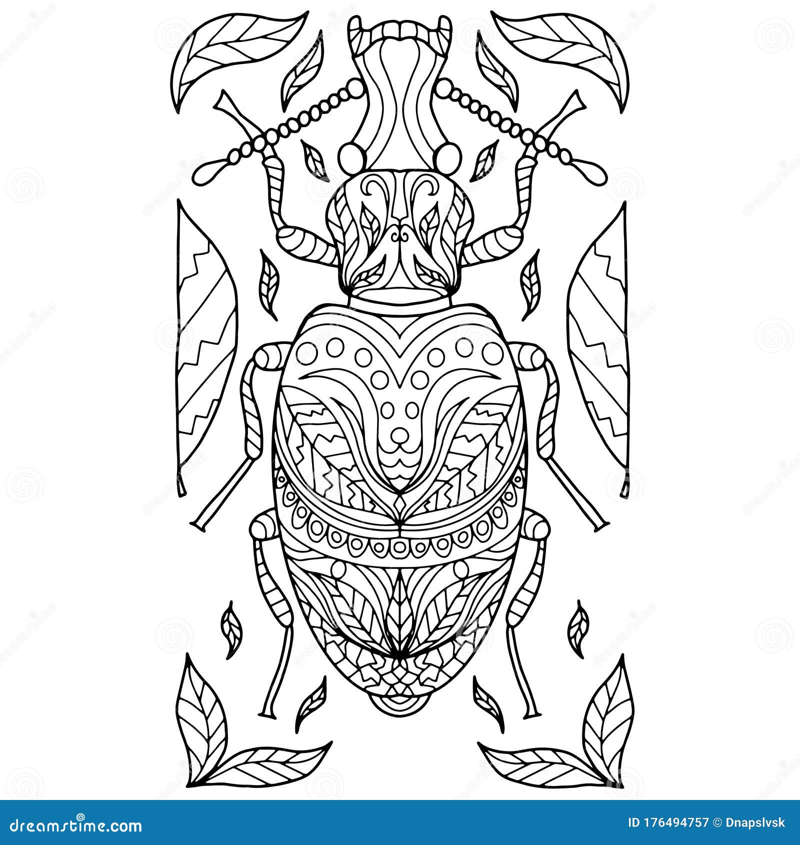 Abstract Insects And Leaves With Ornaments For Coloring Hand-drawn On A ...