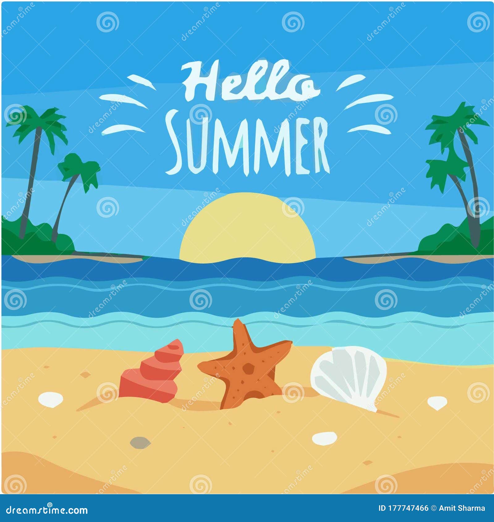 Sun Rise and Sea Beach Clip Art Colorful Illustration Stock ...