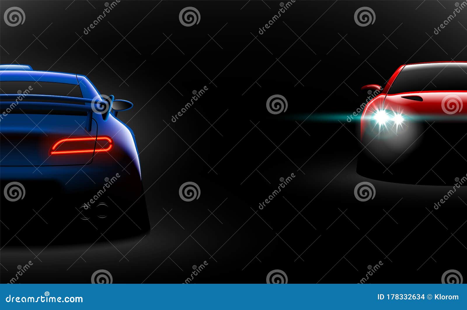 Realistic Red Blue Two Sport Car View with Unlocked Headlights in the ...
