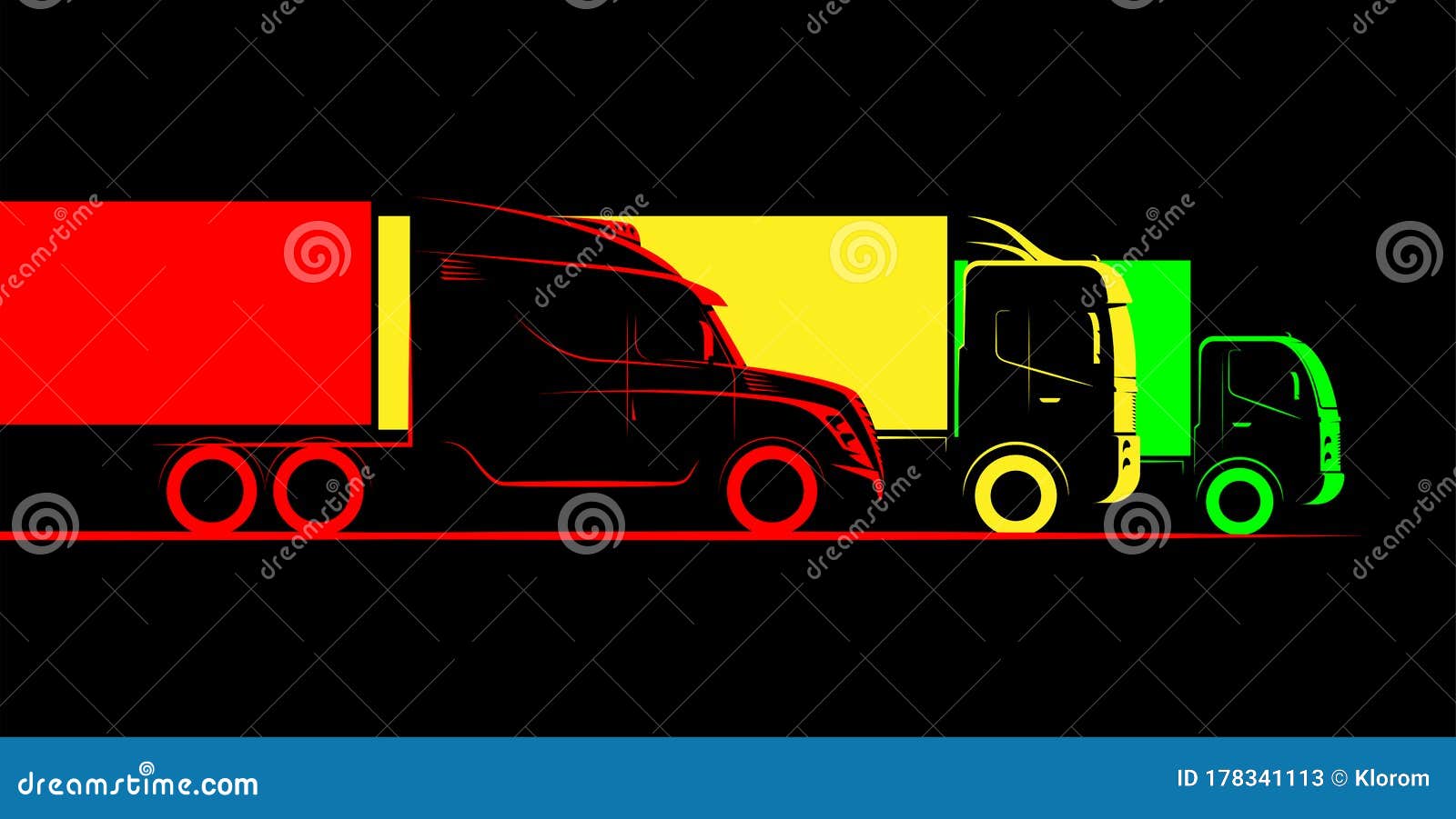 Three Trucks Wagon Simple Side View Schematic Image on Black Background ...