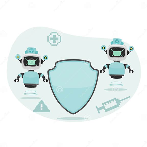 Healthcare Robot Characters with Protection Shield Vector. Stock Vector ...