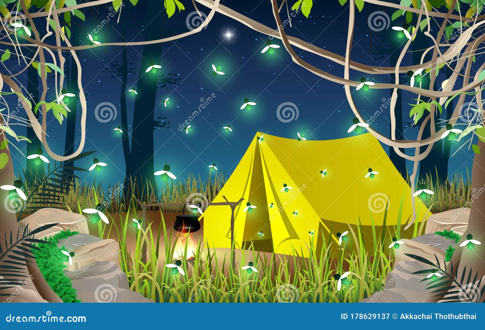 Firefly in the Jungle in the Night Stock Vector - Illustration of ...