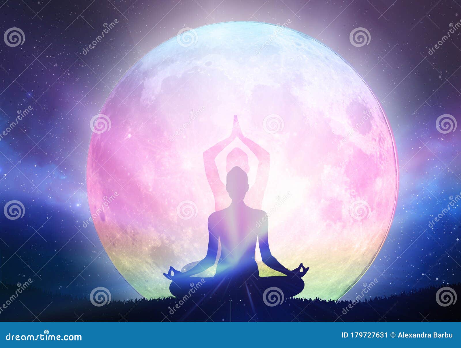 Mountain Girl Silhouette, Meditation Under Stars, Full Pink Moon Stock ...