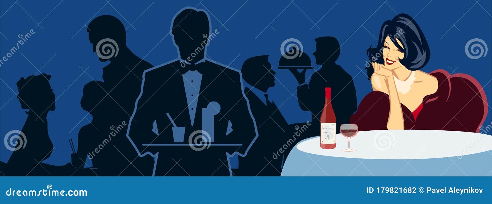Restaurant Scene. Lady Sitting At A Restaurant Table With Wine. Flat ...