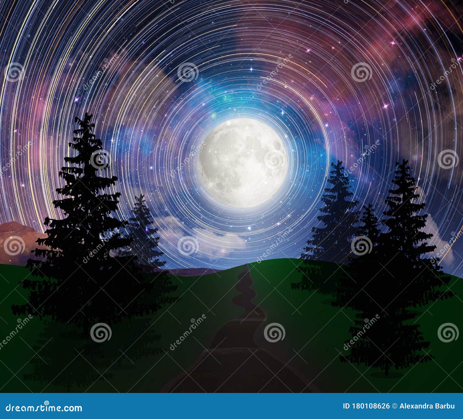 Landscape Road, Path, Full Moon Rising, Fractals Universe Sky, Highways ...