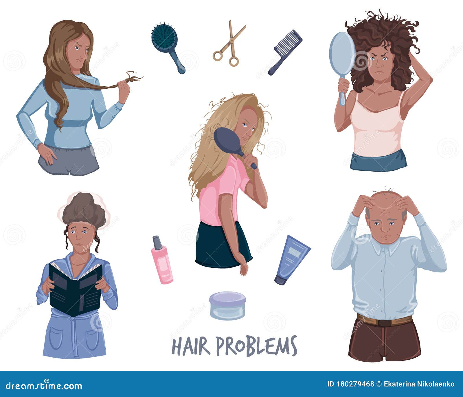 Portraits of People with Hair Problems Set. Distressed, Damaged Hair ...