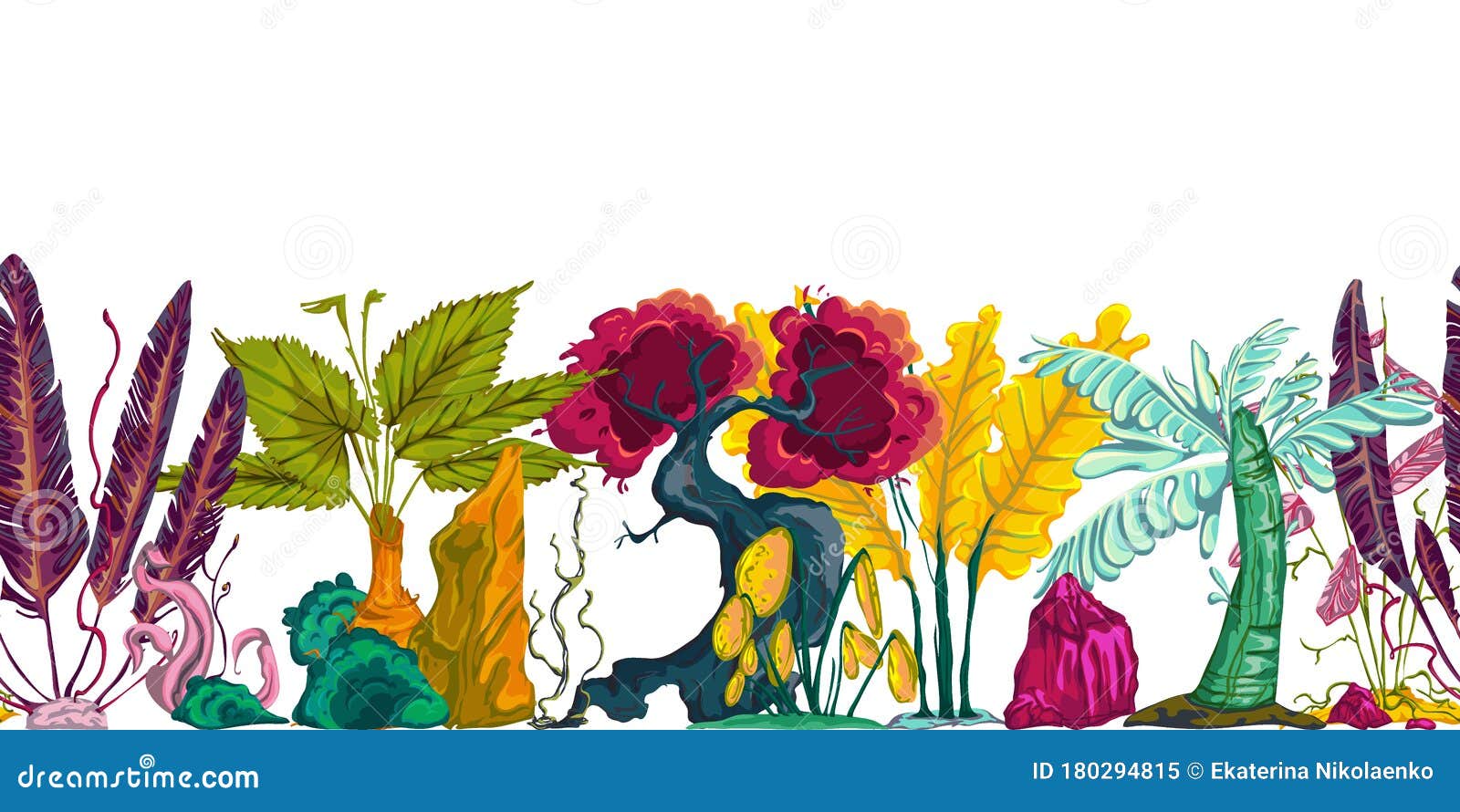 Seamless Border with Fantasy Tropical Forest Plants and Stones ...