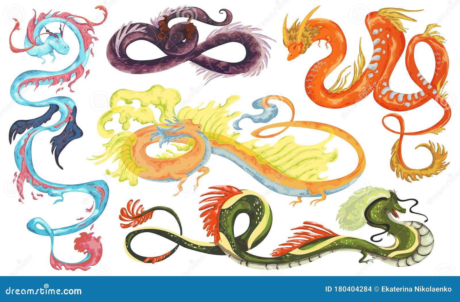 Chinese Dragons Set. Traditional Asian Dragon Characters in Watercolor ...