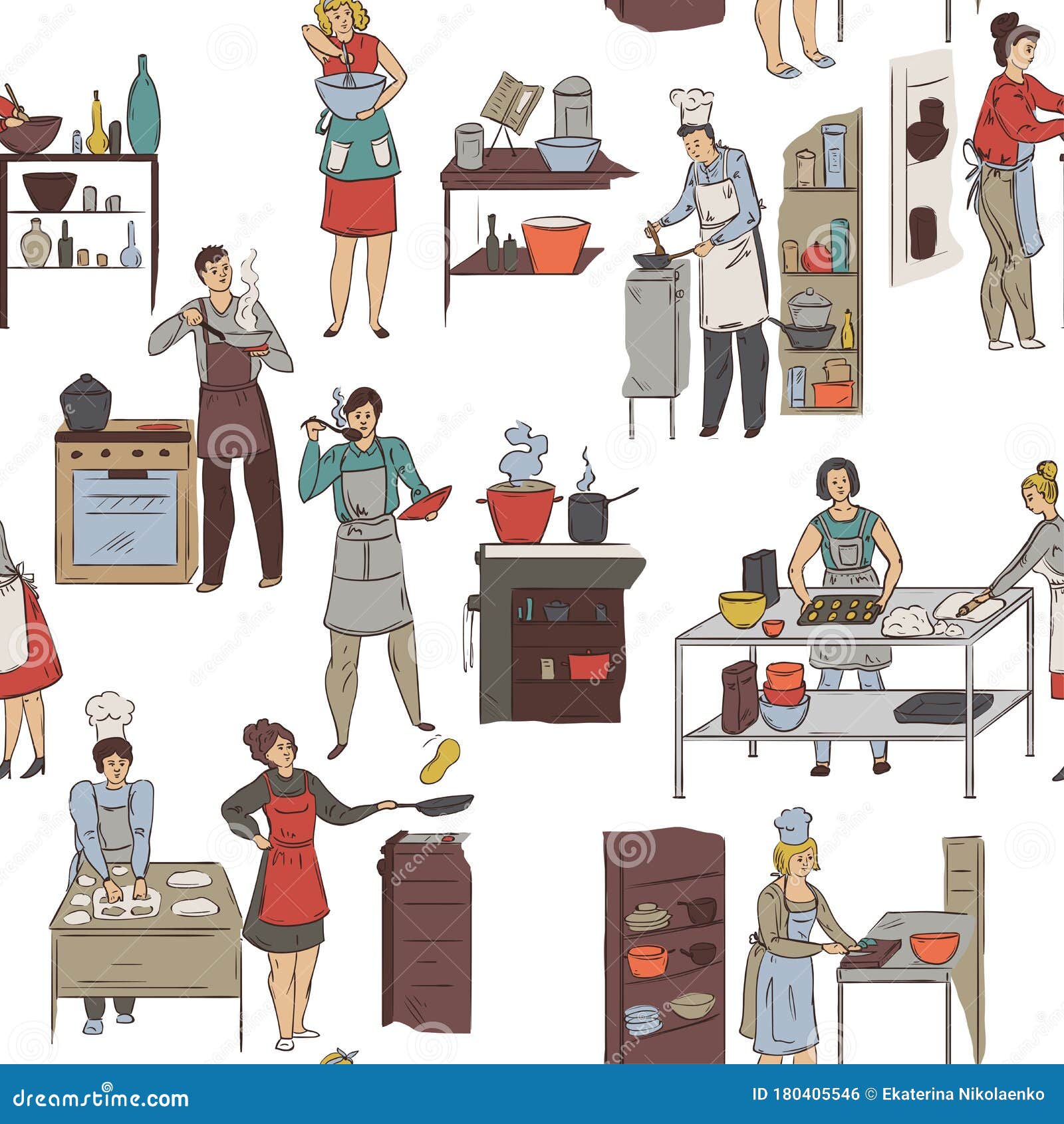 Seamless Pattern with Cooking People. Group of People Preparing Meals ...