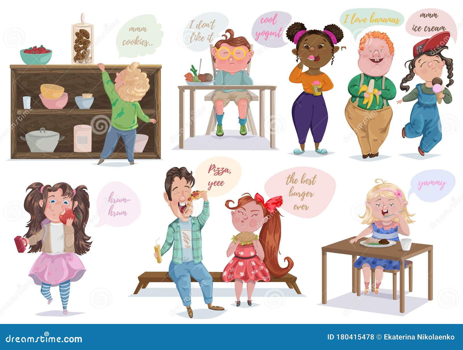 Children Eating Set. Kids Enjoying Their Favorite Food. Funny Cartoon ...