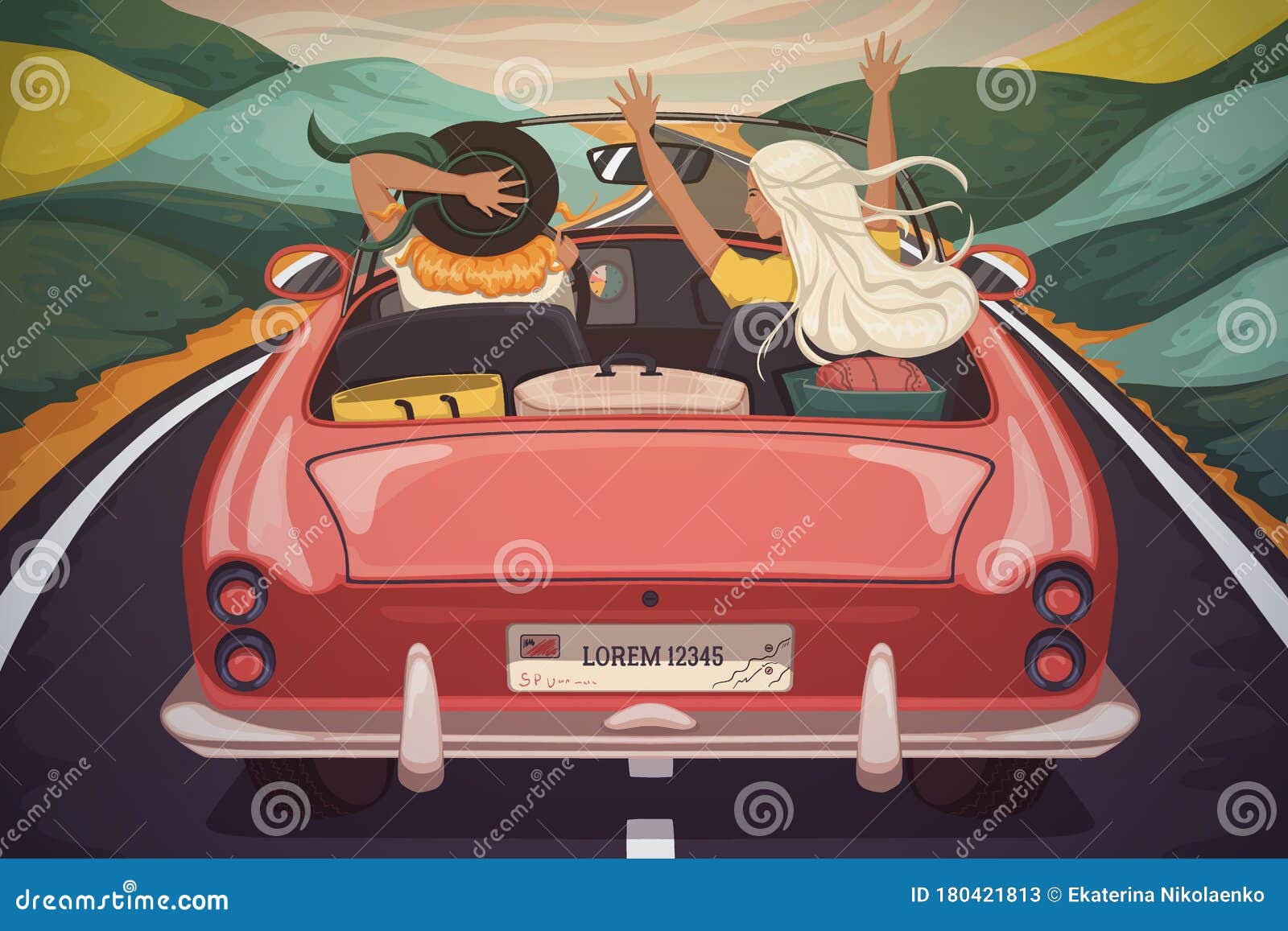 Happy Young Women Travel by Car. Girls Laughing and Enjoying with ...